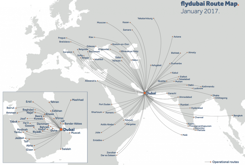 Mapa de rotas e destinos da flydubai, fly dubai map – PBFF